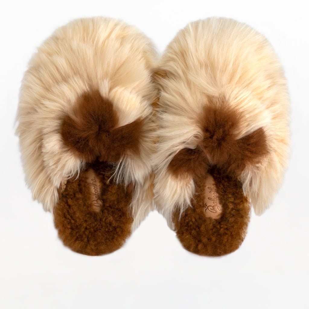 Almond Satin Mule Alpaca Fur Slippers. Designer Slippers - BABOOSHA ...
